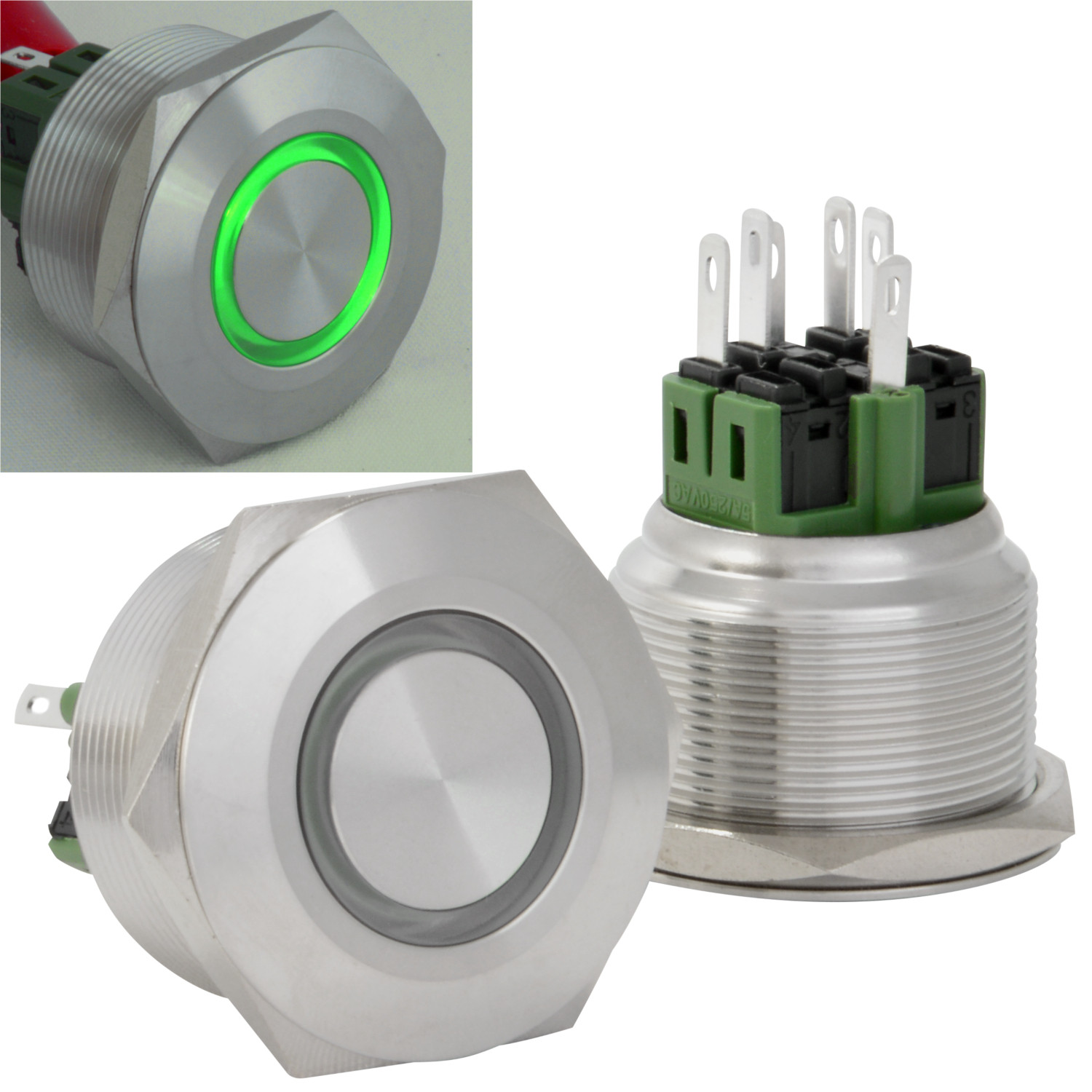 30mm 12V LED Latching Push Button Stainless Steel Power Switch, Green ...