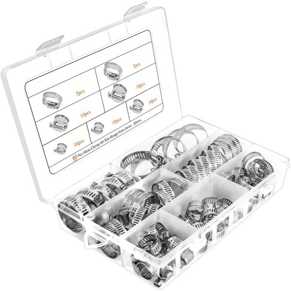 60pcs Adjustable Hose Clamps Worm Gear Stainless Steel Clamp Assortment ...